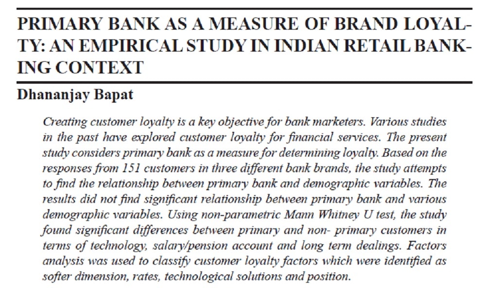 Primary Bank As A Measure Of Brand Loyalty